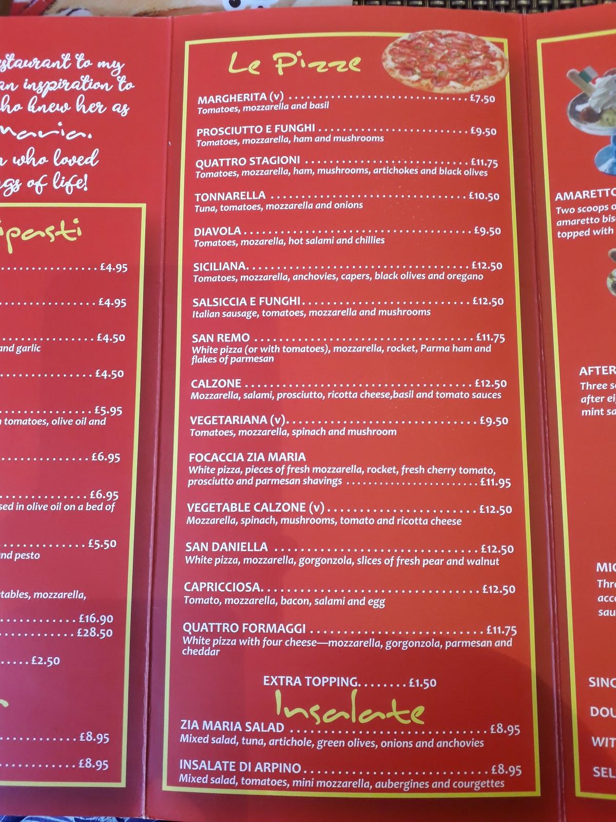 Menu at La Zia Maria Pizzeria, Broadstairs