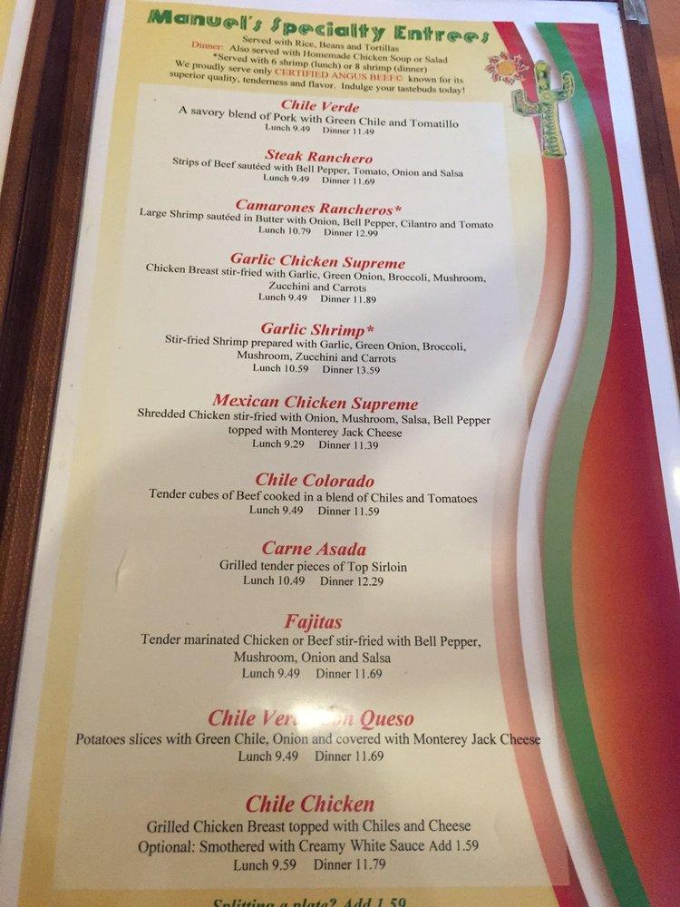 Menu at Manuel's Mexican Restaurant, Green Valley