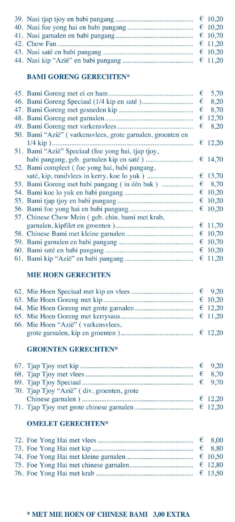 Menu at Restaurant Azie, Ammerzoden