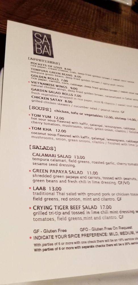 Menu at Sabai Cafe & Bar, Eugene