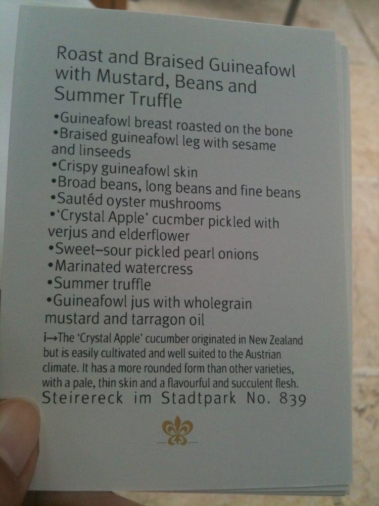 Menu at Steirereck restaurant, Vienna