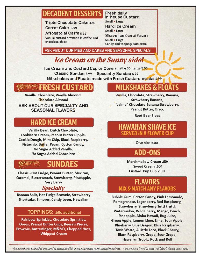Menu at Sunny’s Family Diner. Custard and shave ice restaurant, Rochester