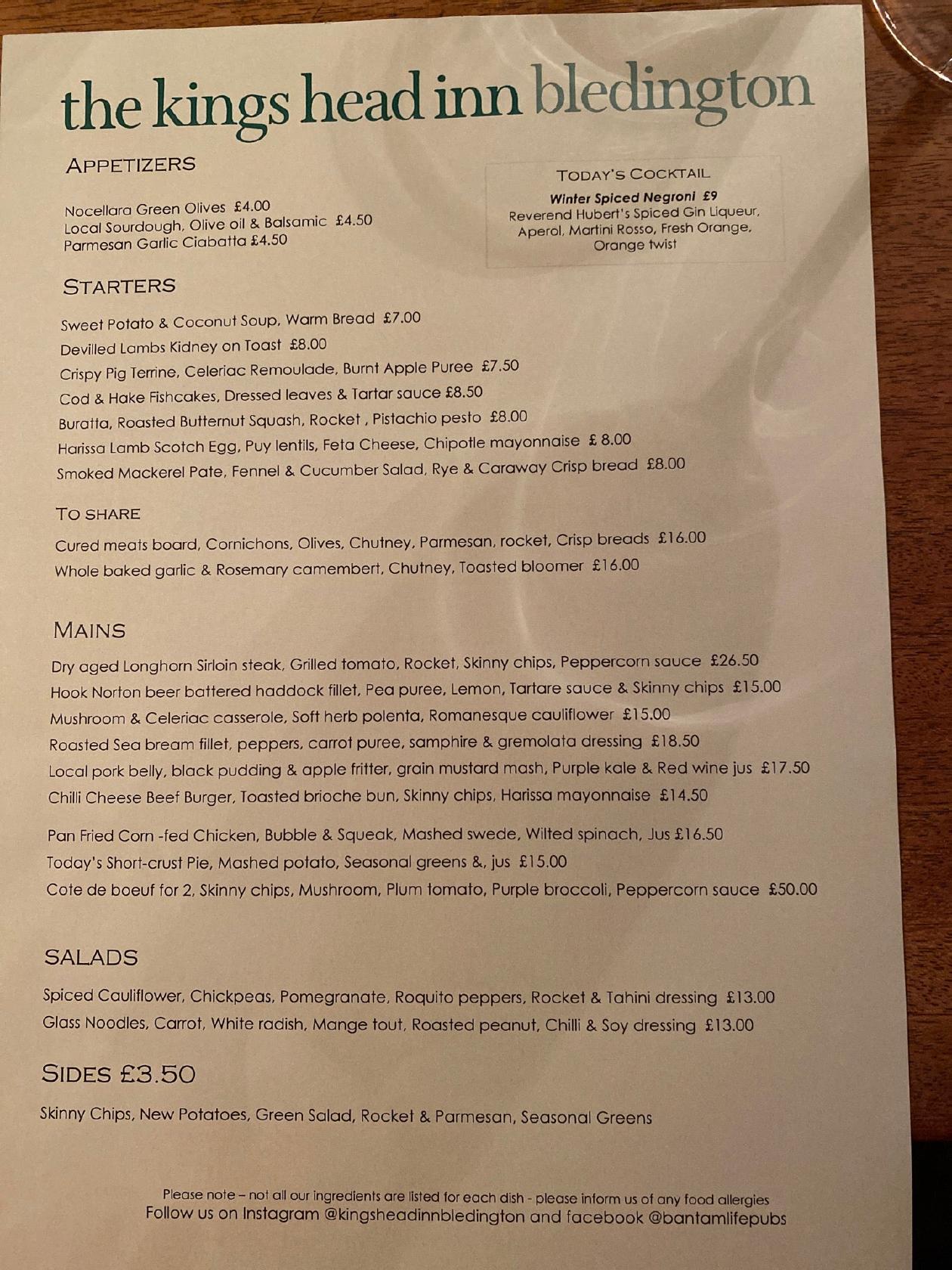 Menu at The Kings Head Inn pub & bar, Bledington, The Grn