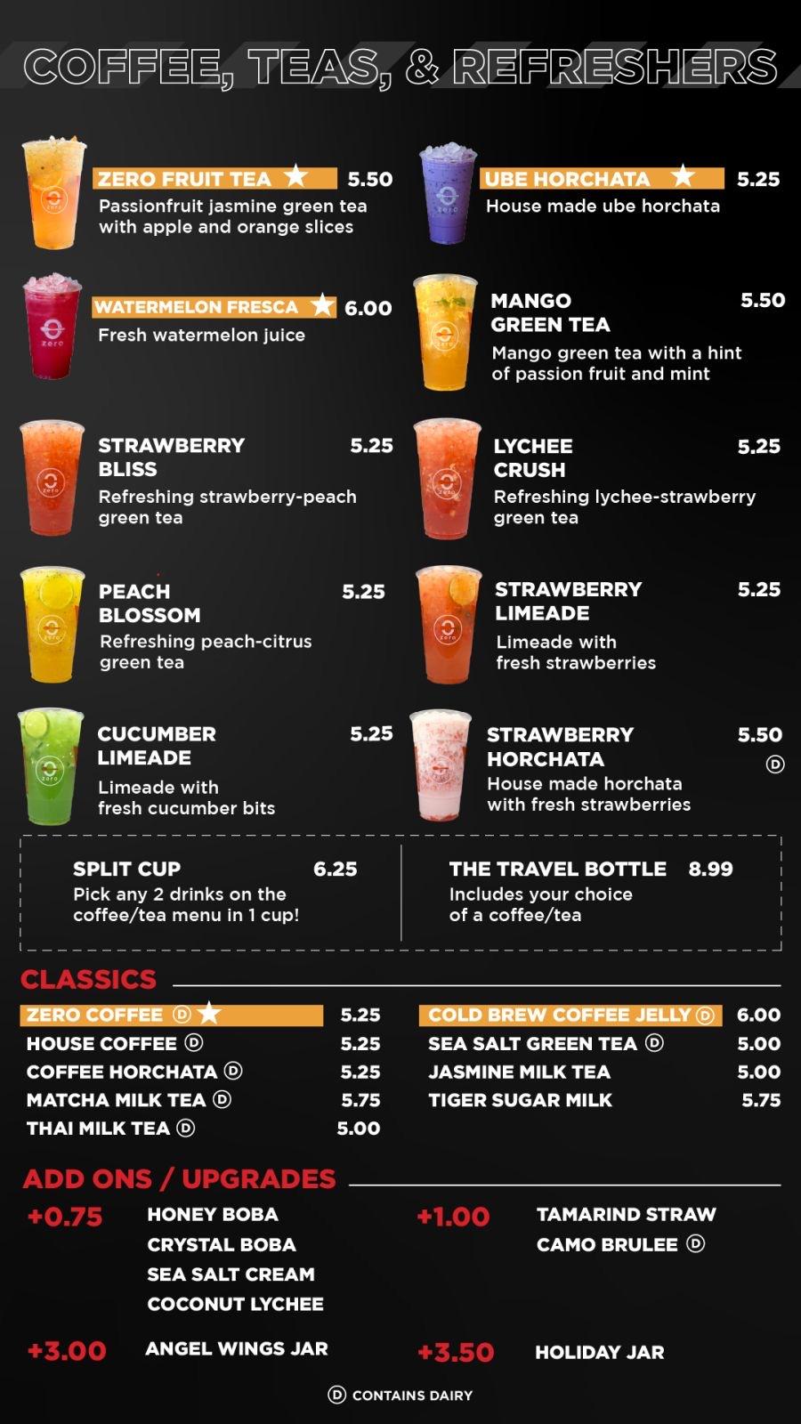 Menu at Zero Degrees restaurant, Orlando, W Sand Lake Rd Suite D123B