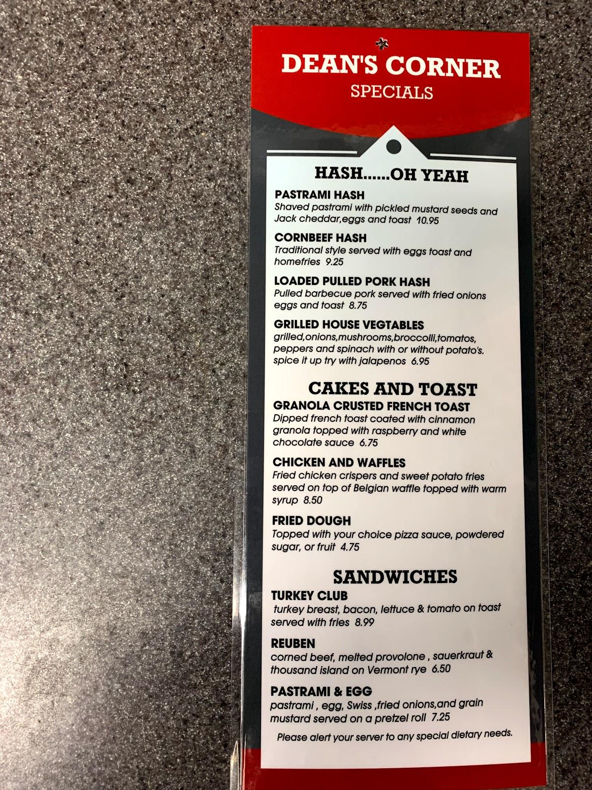 Menu at Dean's Corner restaurant, Griswold