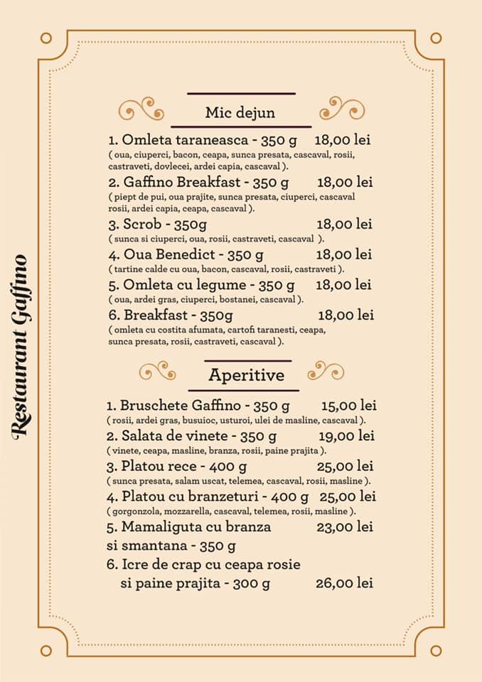 Menu at Gafino, Galați