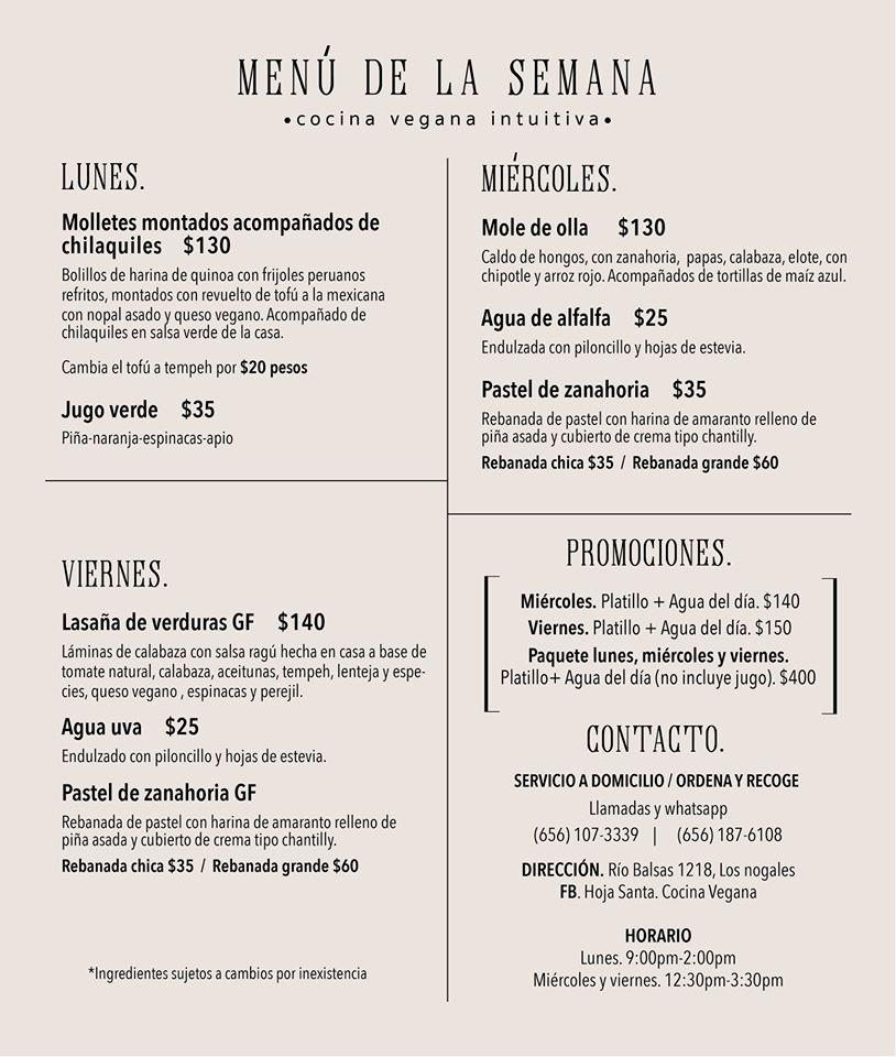 Menu at Hoja Santa - Cocina Vegana restaurant, Ciudad Juarez