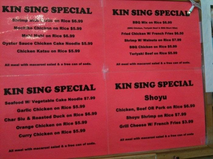 Menu at Kin Sing Chinese Fast Food, Waipahu