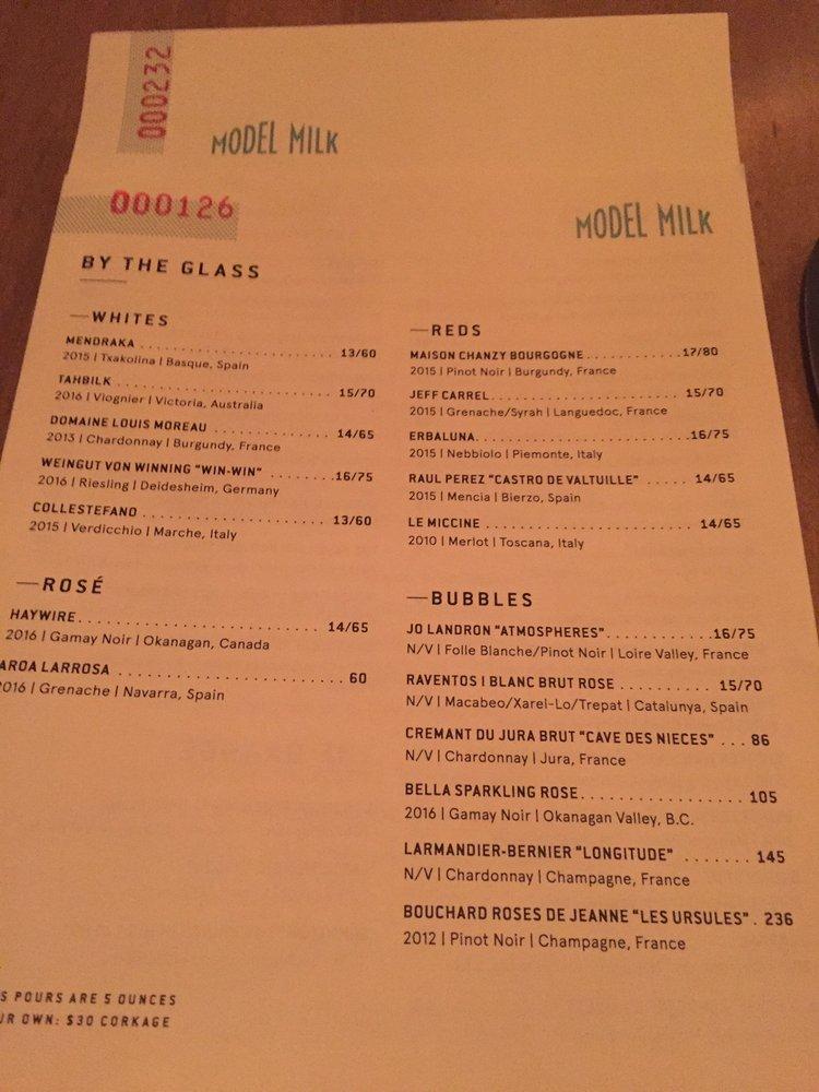 Menu at Model Milk restaurant, Calgary