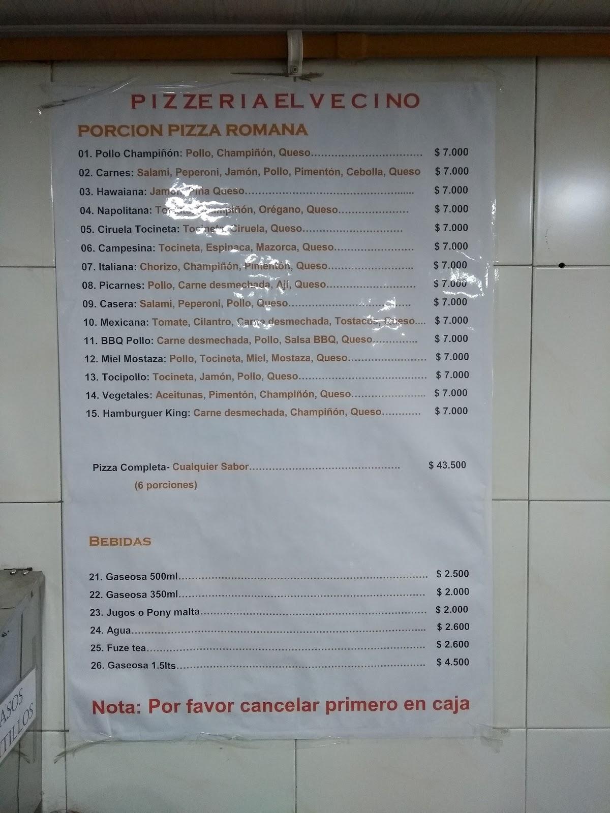 Menu at El Vecino Pizza restaurant, Bogotá