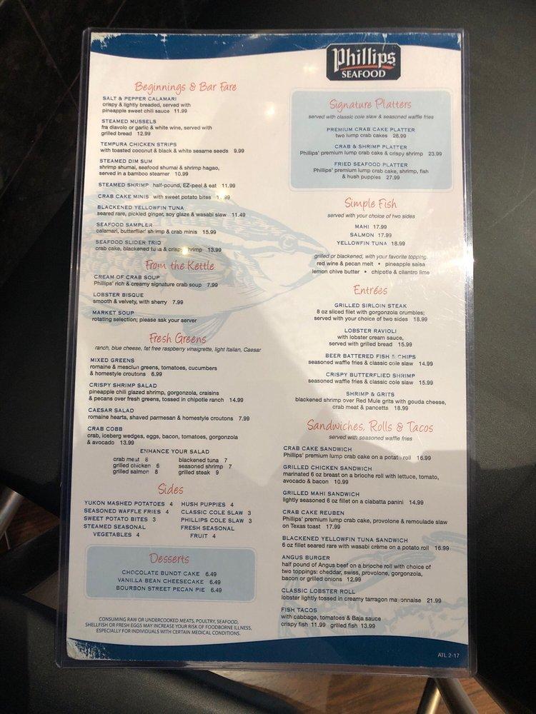 Menu at Phillips Seafood restaurant, Atlanta, Concourse D