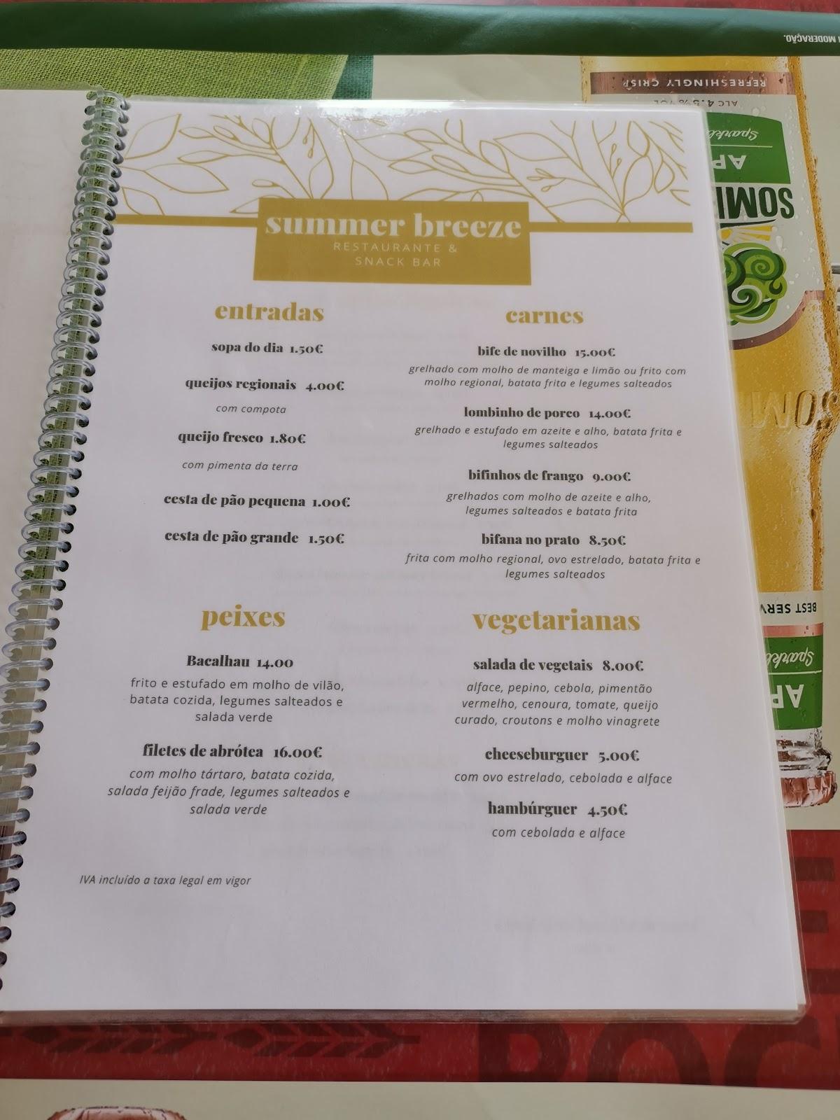 Menu at Summer Breeze cafe, Furnas