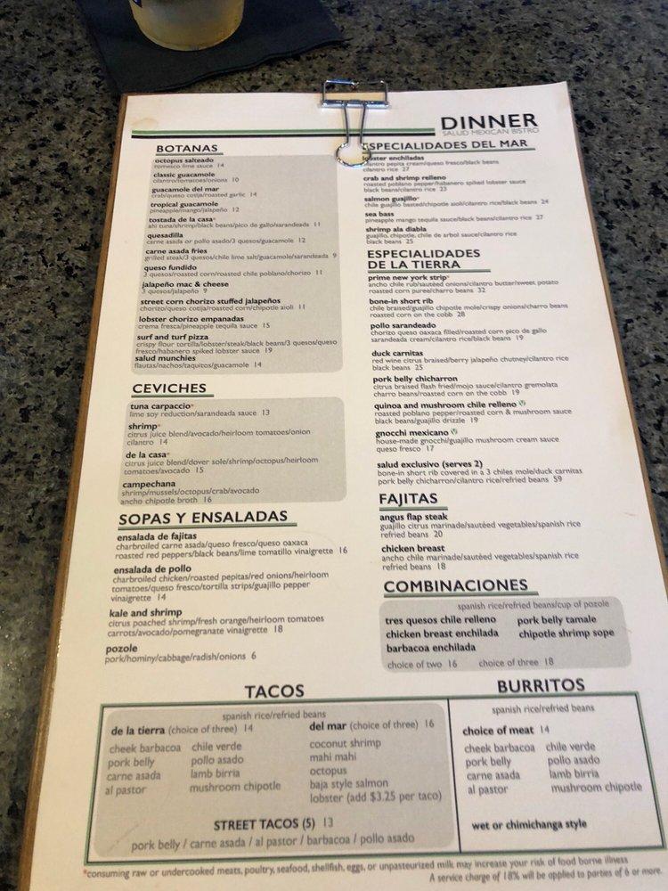 Menu at Salud Mexican Bistro and Tequileria pub & bar, Las Vegas