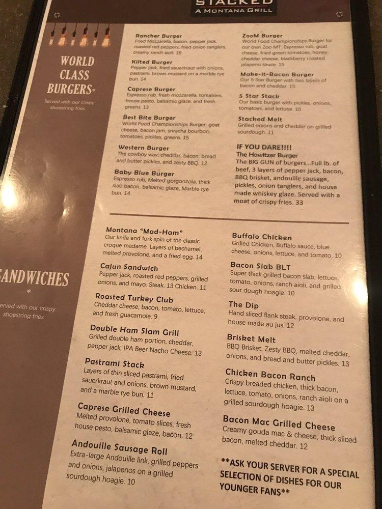 Menu at Stacked A Montana Grill restaurant, Billings
