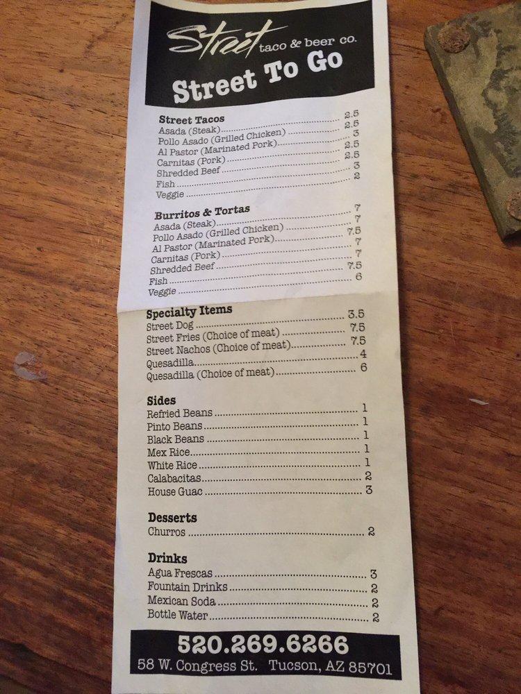 Menu at Street- Taco and Beer Co. pub & bar, Tucson, 58 W Congress St