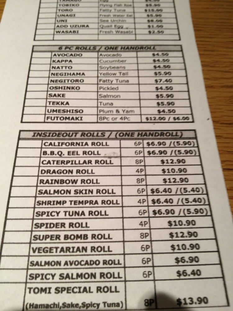 Menu at Sushi Tomi restaurant, Mountain View, 635 W Dana St