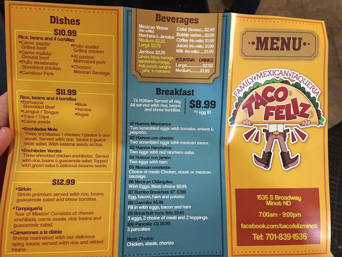 Menu at Taco Feliz restaurant, Minot, S Broadway