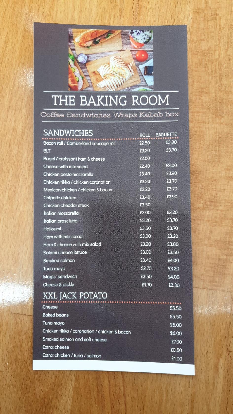 Menu at The Baking Room cafe, Harlow