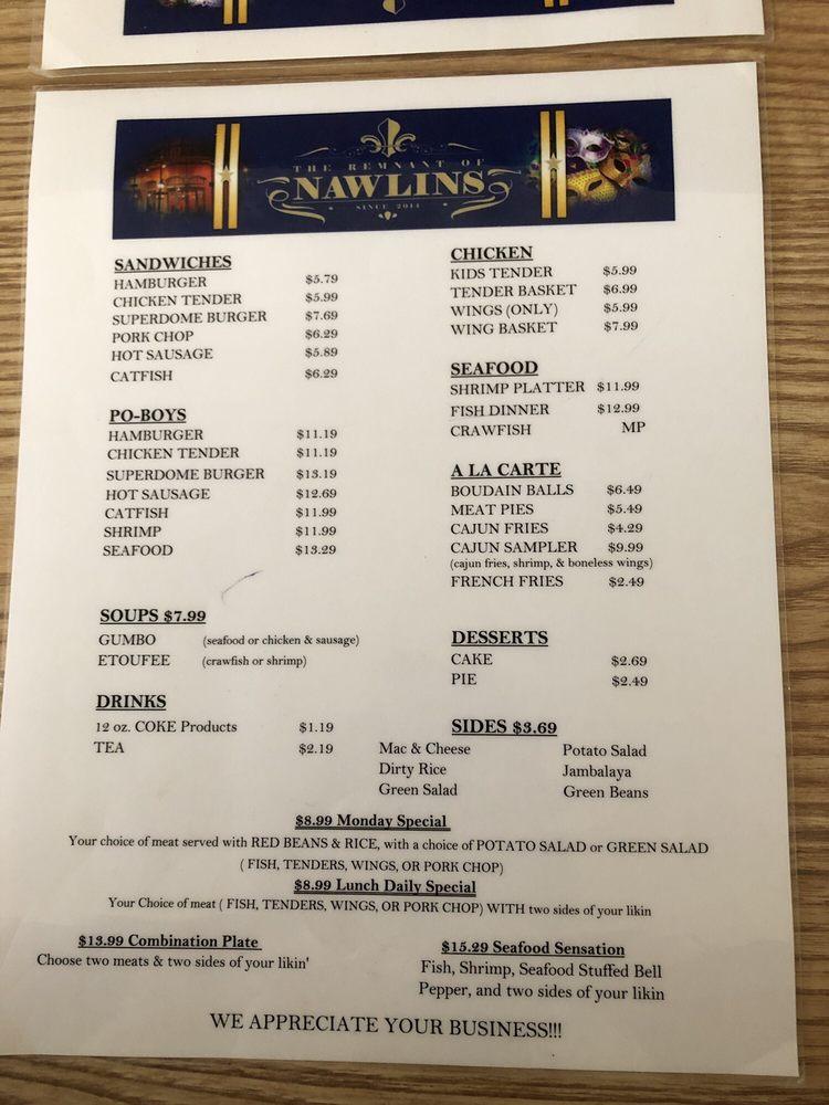 Menu at The Remnant Of Nawlins restaurant, Bryan