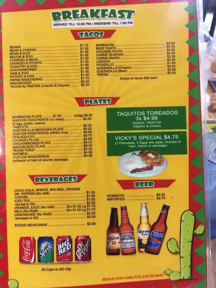 Menu at Vicky's Mexican Restaurant, San Antonio