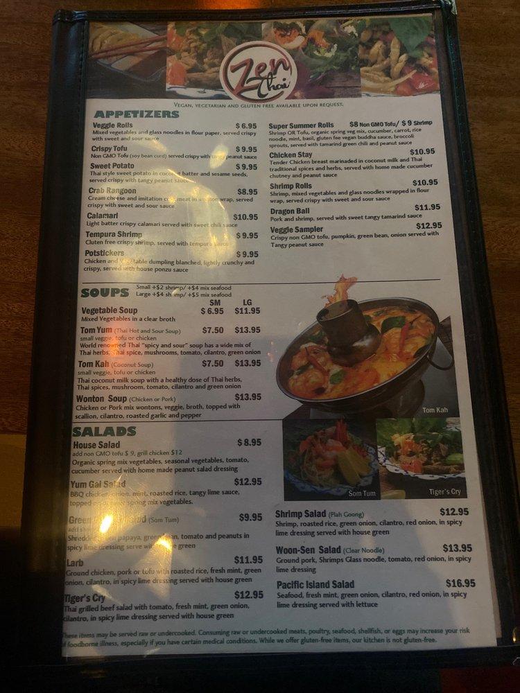 Menu at Zen Thai Cafe, Phoenix