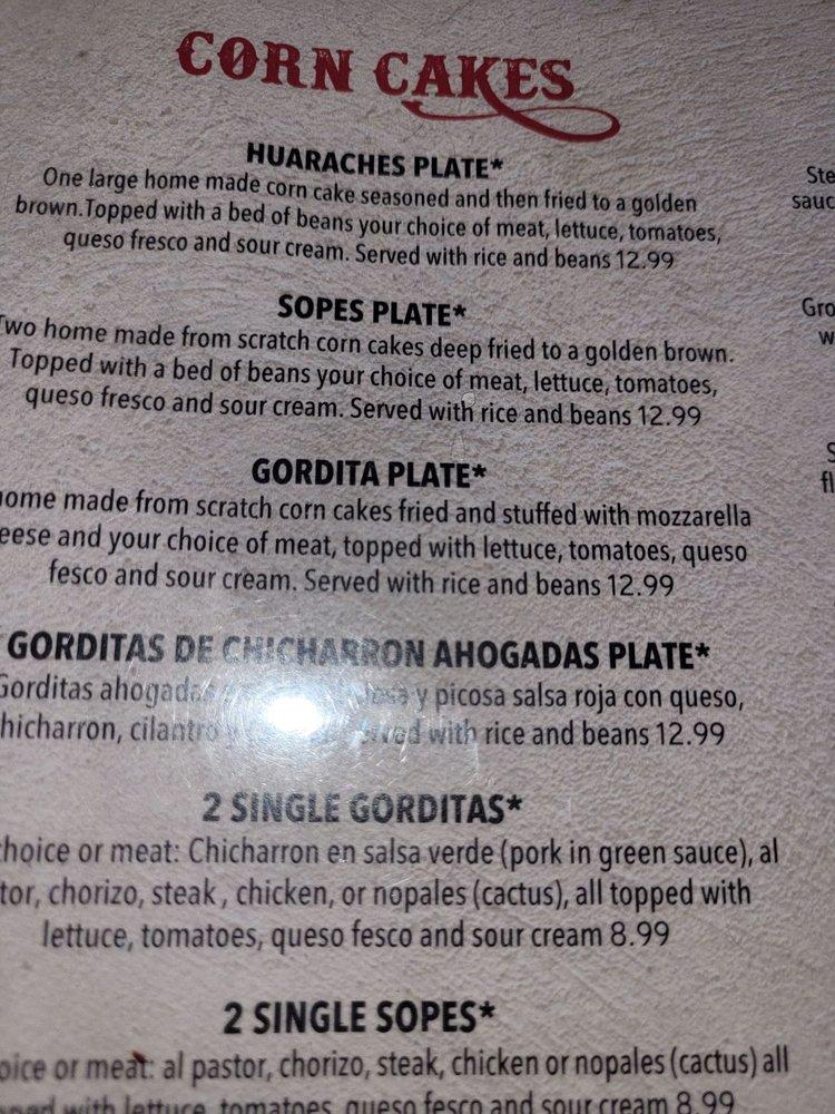 Menu at Arandas Tacos restaurant, Branson