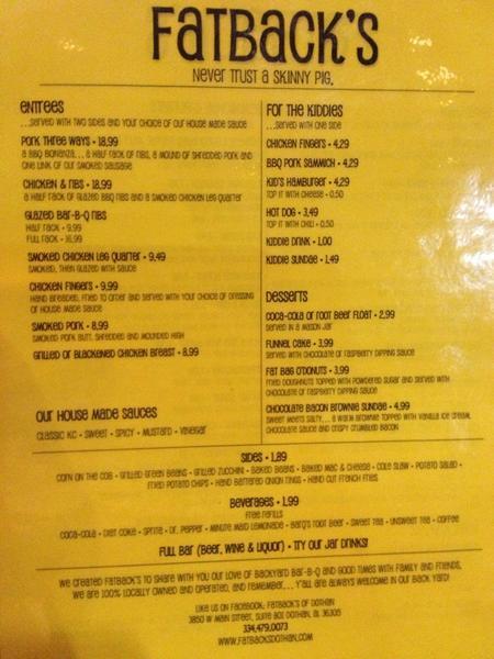 Menu at Fatback's BBQ, Dothan