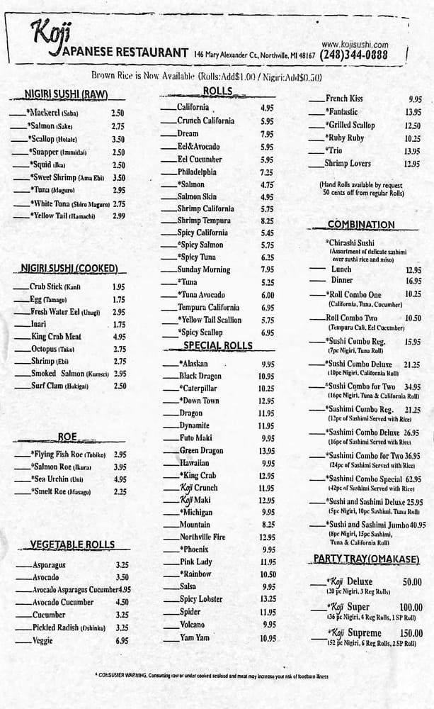 Menu at Koji restaurant, Northville