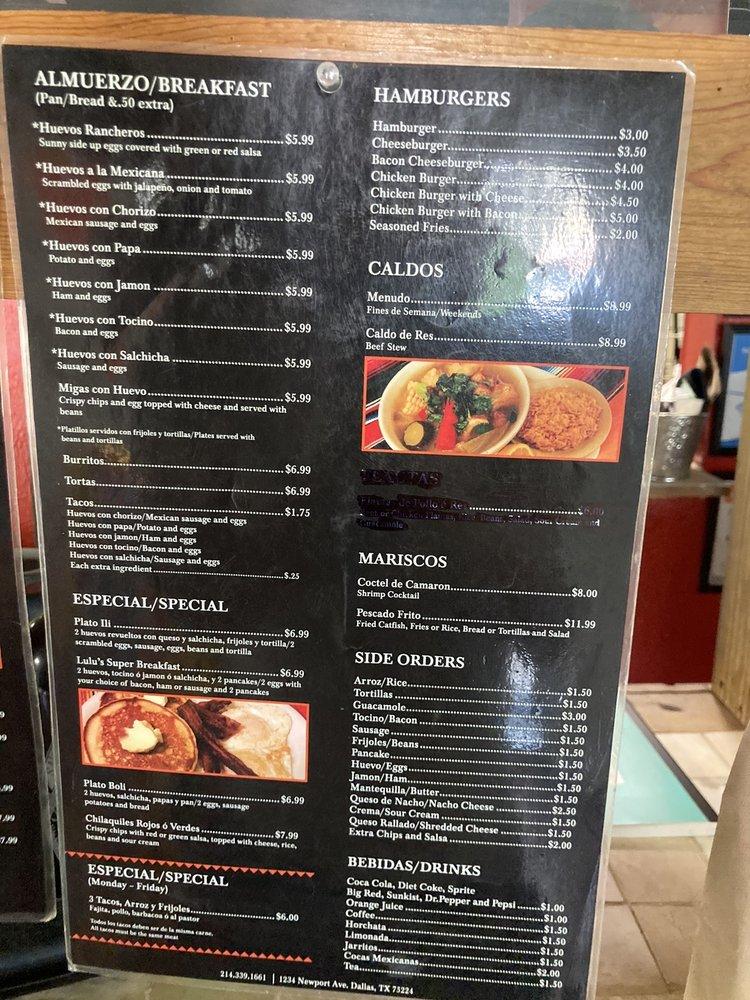Menu at Lulu's restaurant, Dallas
