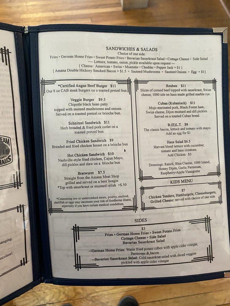 Menu at Millstream Brau Haus restaurant, Amana
