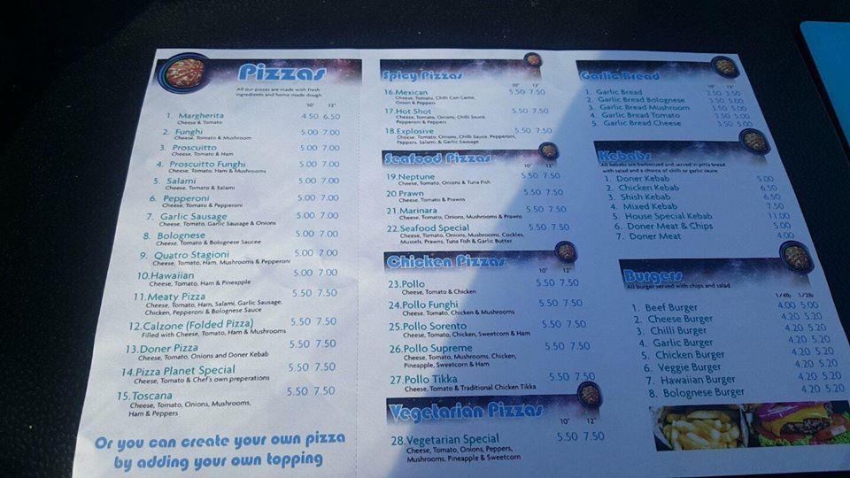 Menu at Pizza Planet pizzeria, Hemsworth