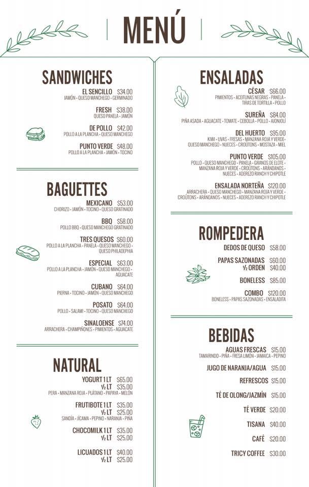 Carta del pub y bar Punto Verde, Guasave