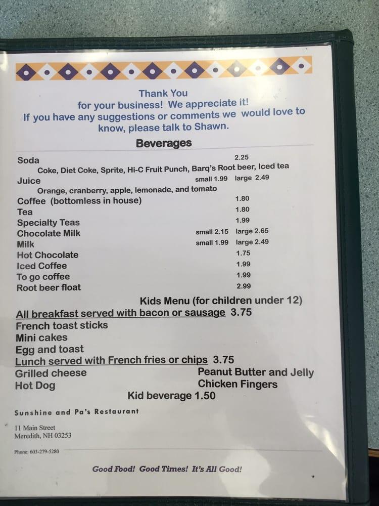 Menu at Sunshine & Pa's restaurant, Meredith