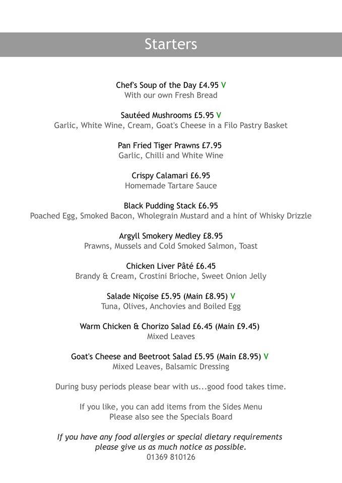 Menu at The Ardentinny restaurant, England, Shore Rd