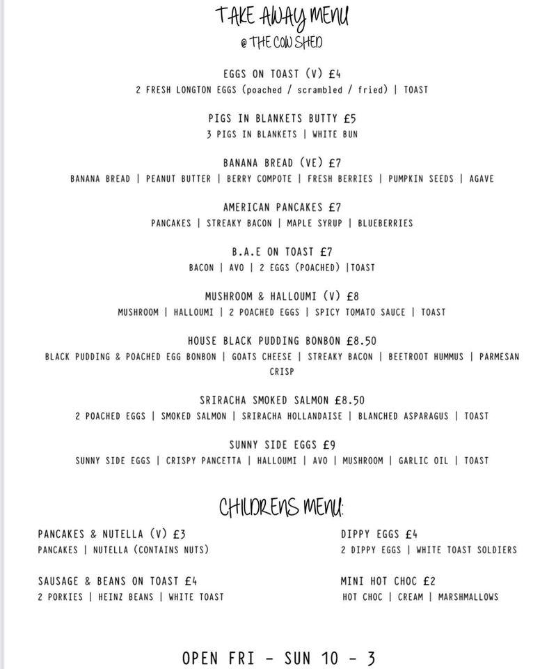 Menu at The Cow Shed cafe, Preston