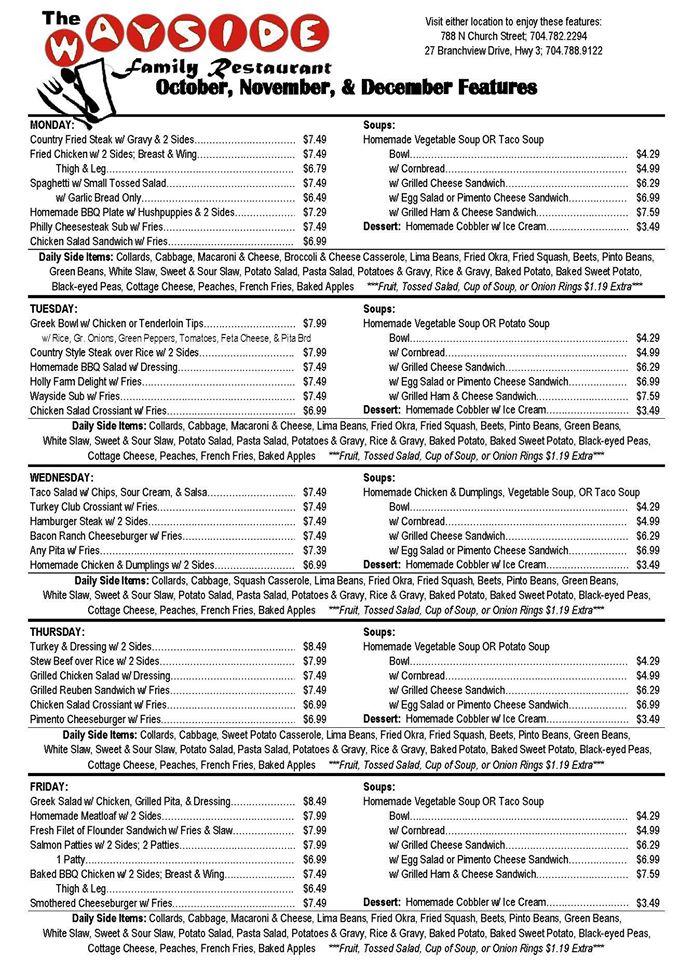 Menu at The Wayside Family Restaurant, Concord, 27 Branchview Street