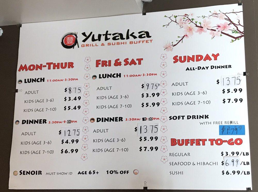 Menu at Yutaka Grill & Sushi Buffet restaurant, Tulsa