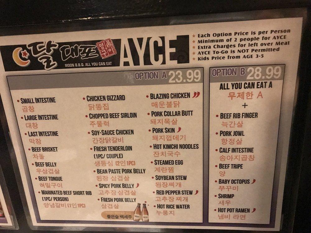 Menu at moon bbq, Gardena