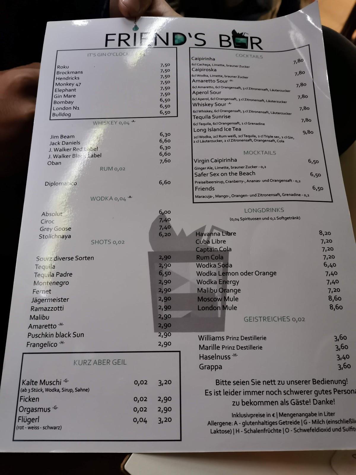 Speisekarte von Friends Bar, Innsbruck