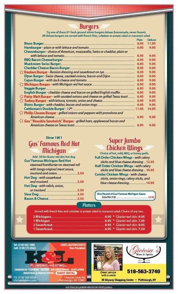Menu at Gus' Red Hots restaurant, Plattsburgh