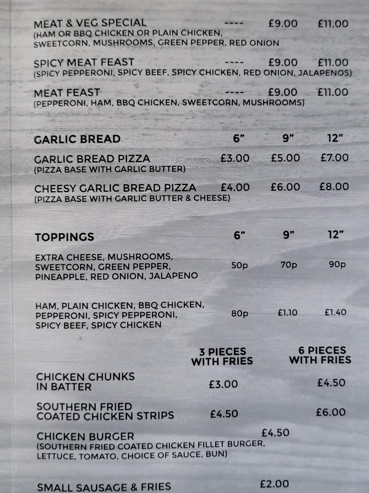Menu at Hope Pizza House pizzeria, Hope
