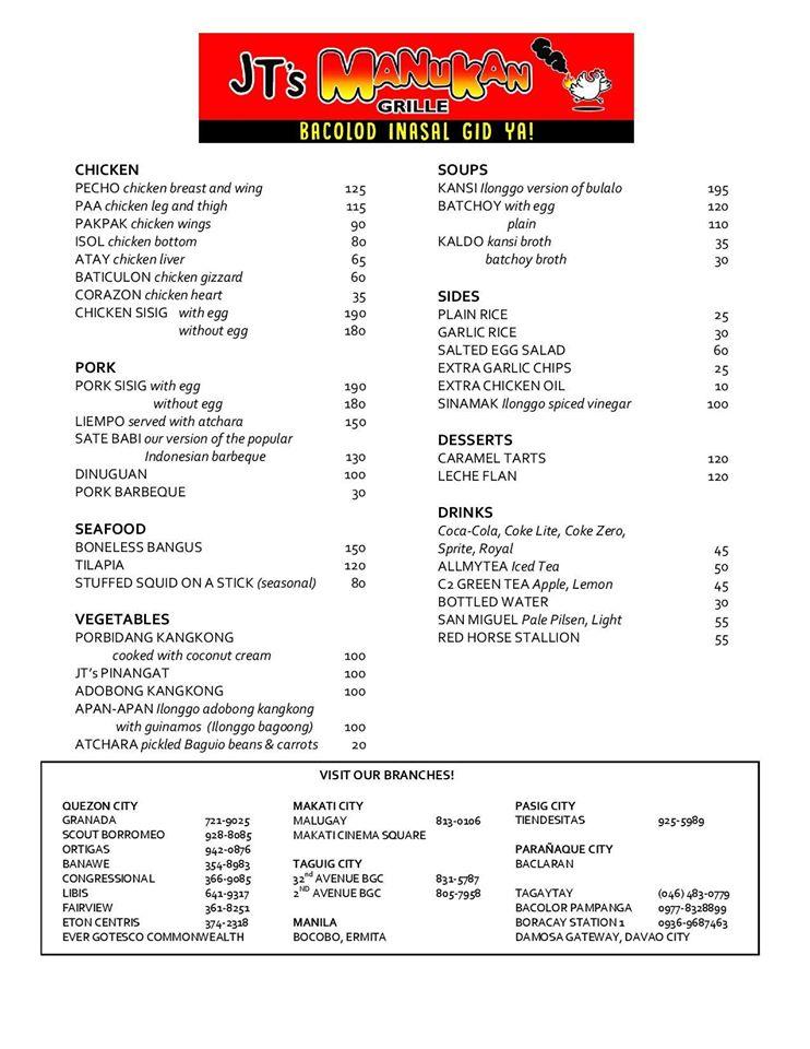 Menu at JT's Manukan Ever Commonwealth restaurant, Quezon City