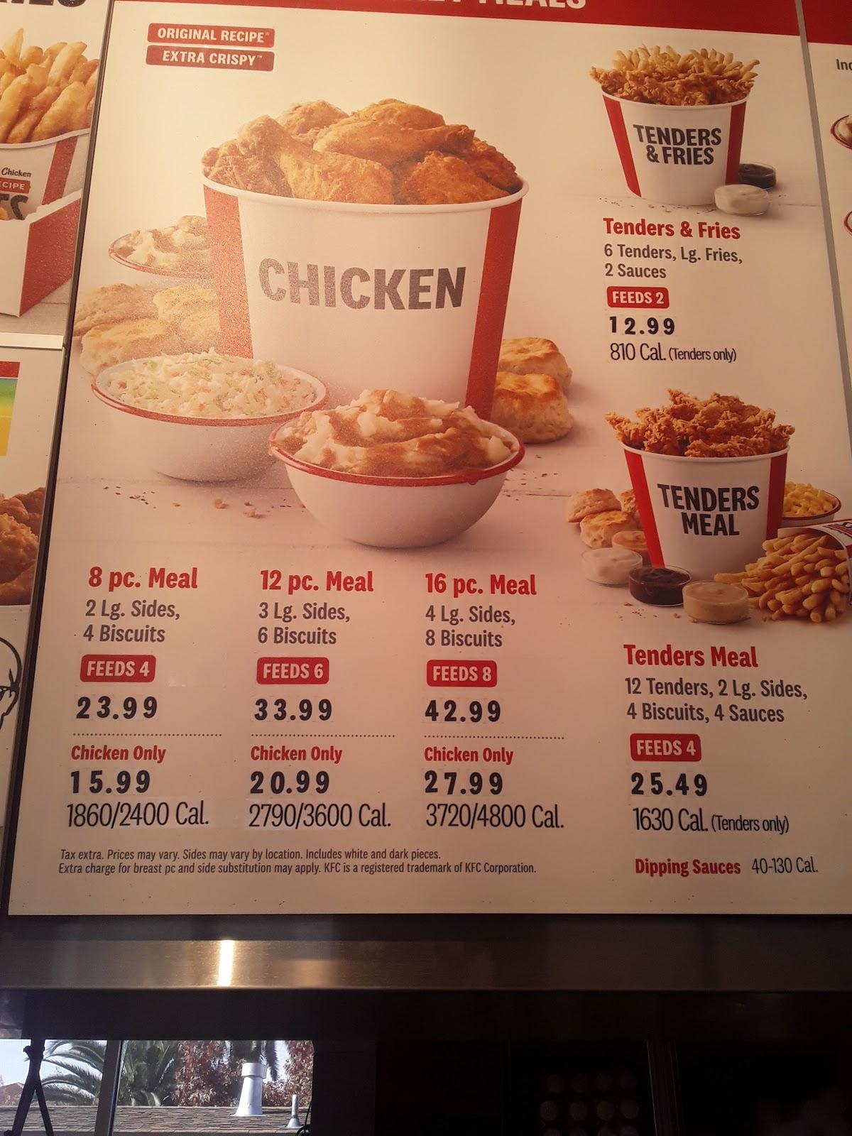 Menu at KFC fast food, Oroville