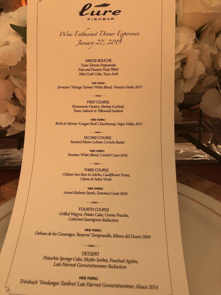 Menu at Lure Fishbar, Miami Beach