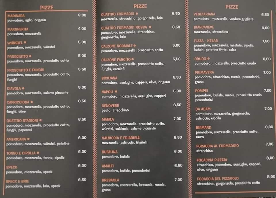 Menu at Pizzeria Da Adam, Chiavari