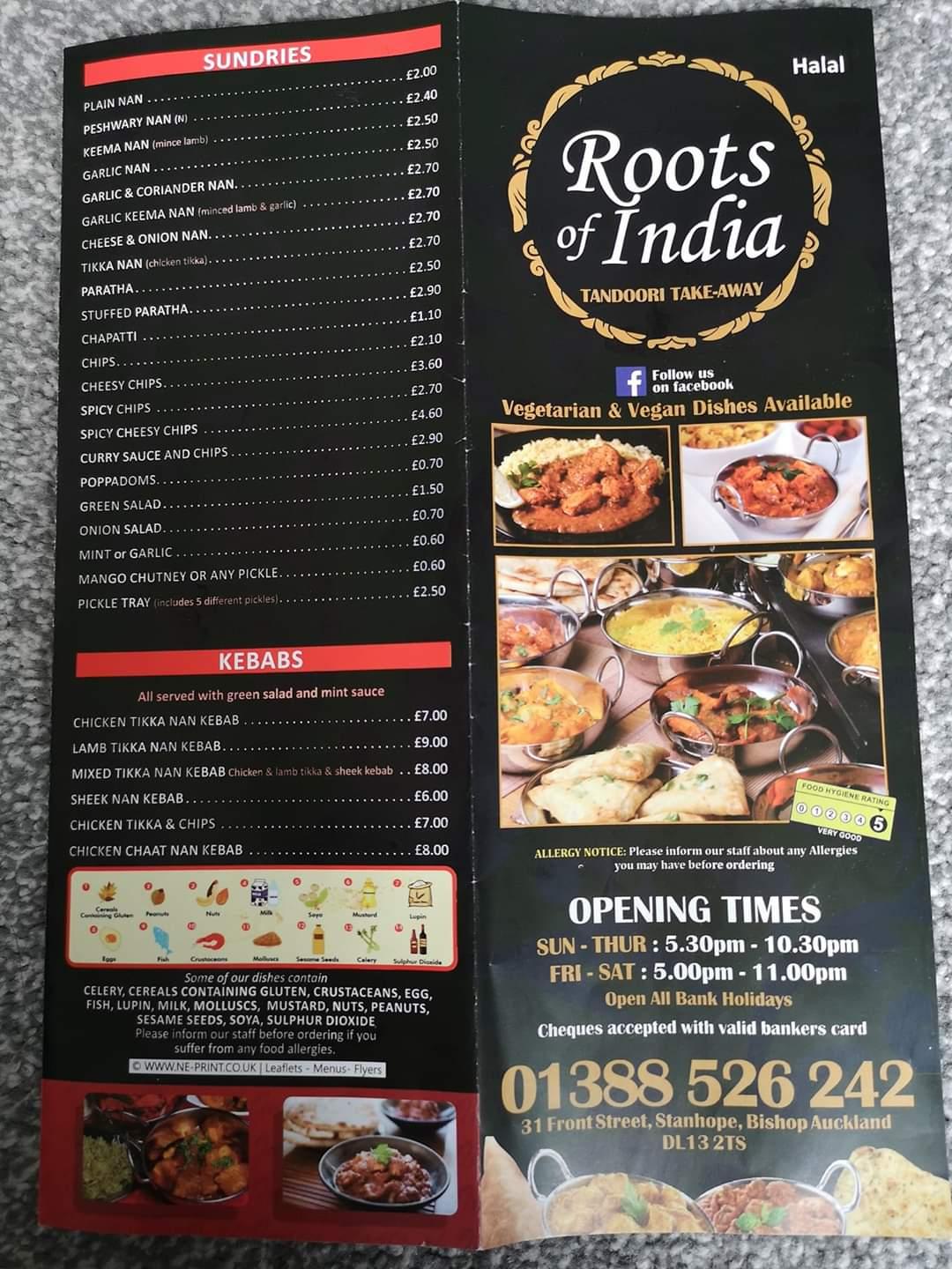 Menu at Roots of India fast food, Stanhope