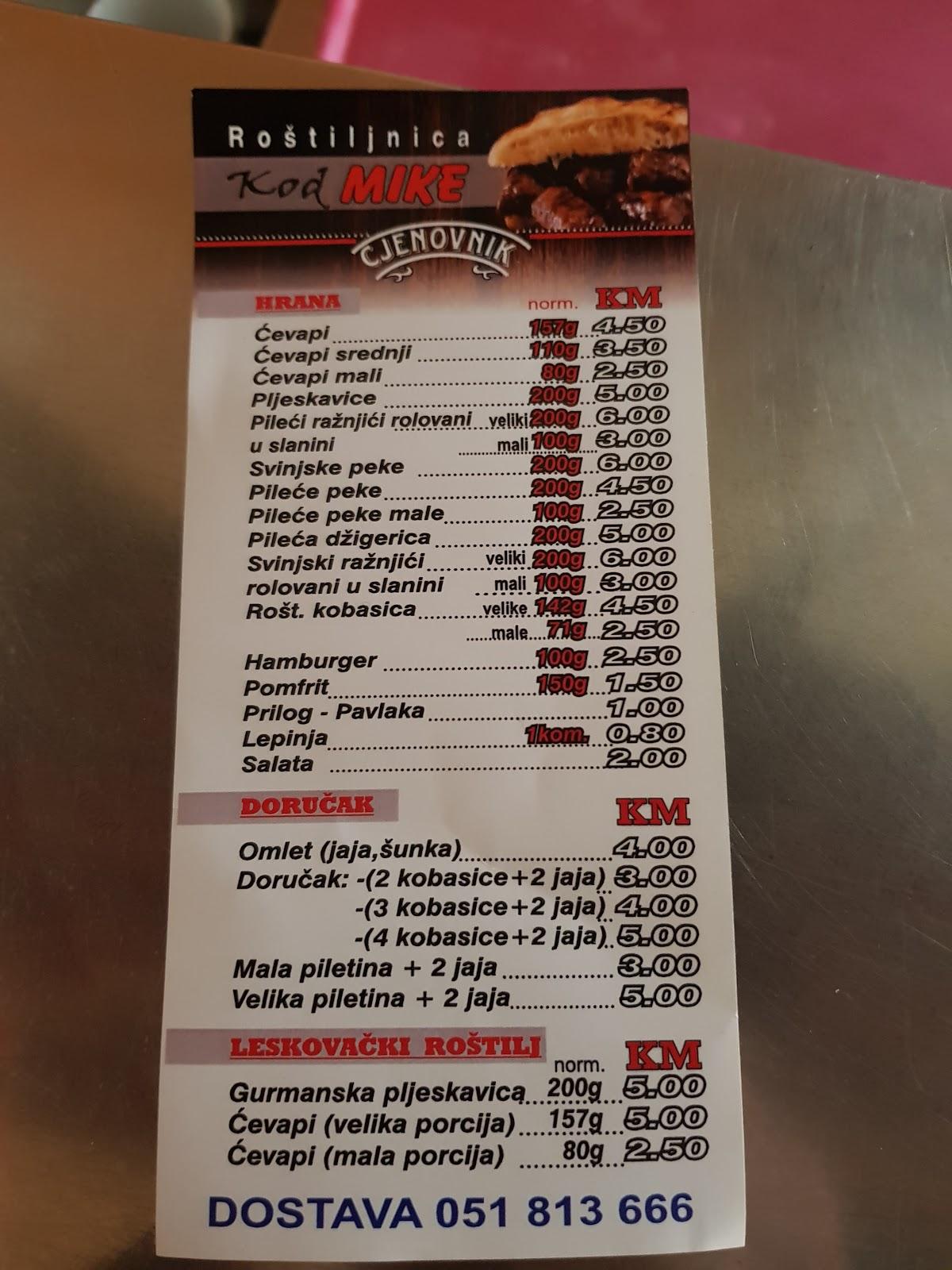 Menu at Rostiljnica KOD MIKE restaurant, Gradiška