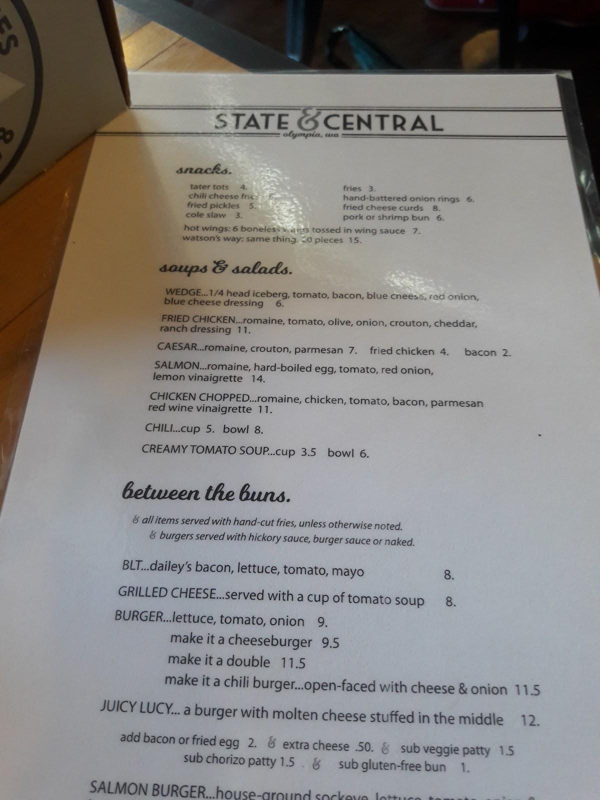 Menu at State & Central pub & bar, Olympia