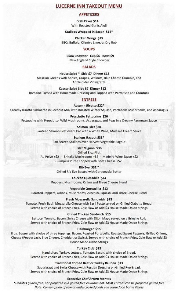 Menu at The Lucerne Inn restaurant, Dedham