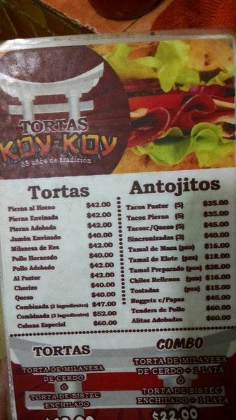 Carta del restaurante Tortas koy koy, Veracruz, C. Francisco Canal 1987